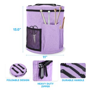 Bins & Things Knitting Bag Yarn Storage - Crochet Bag for Knitting & Crochet Bags with 2 External Pockets - Durable Natural Fabric - Big Capacity Yarn Bag - Puple Yarn Organizers and Storage