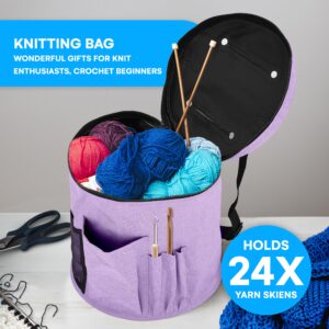 Bins & Things Knitting Bag Yarn Storage - Crochet Bag for Knitting & Crochet Bags with 2 External Pockets - Durable Natural Fabric - Big Capacity Yarn Bag - Puple Yarn Organizers and Storage