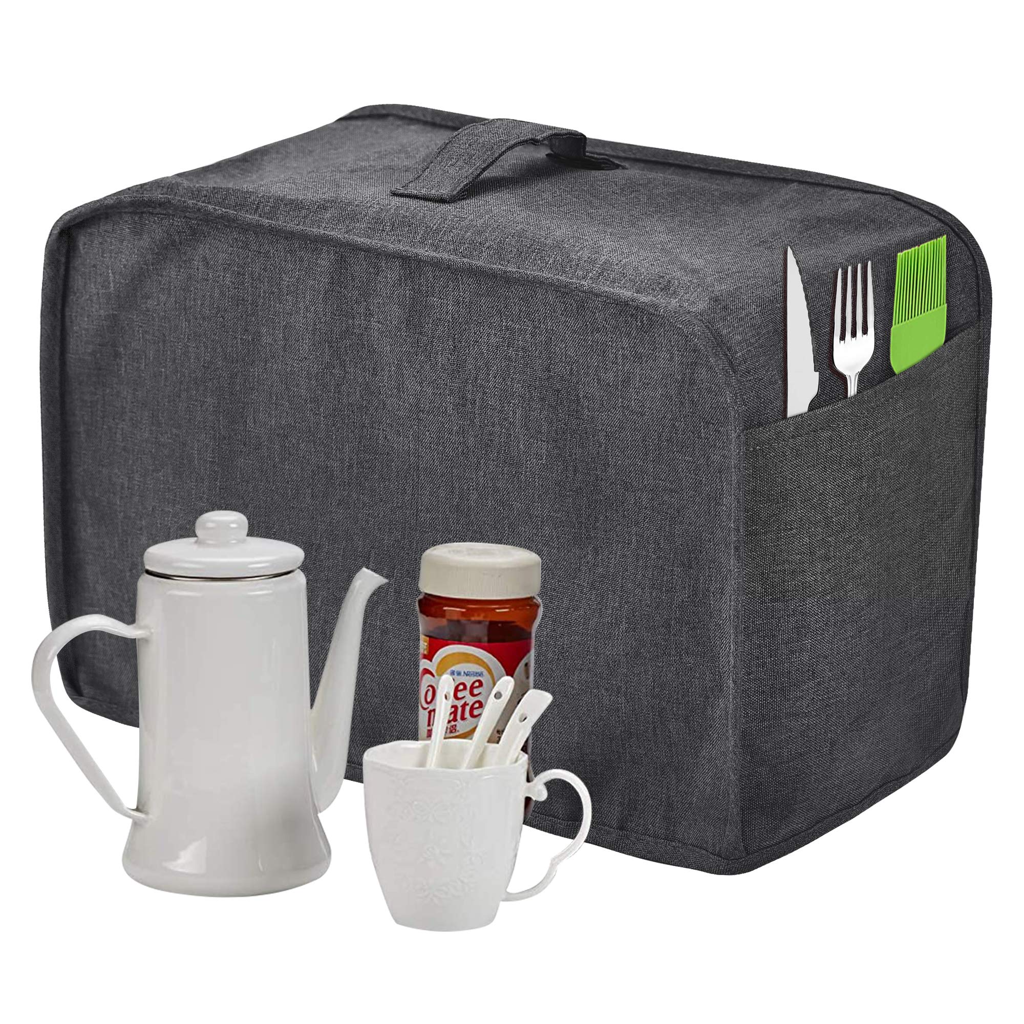 Toaster Cover with 2 Pockets,Can hold Jam Spreader Knife & Toaster Tongs, Toaster Appliance Cover with Top handle,Dust and Fingerprint Protection, Machine Washable (2 Slice, Grey)