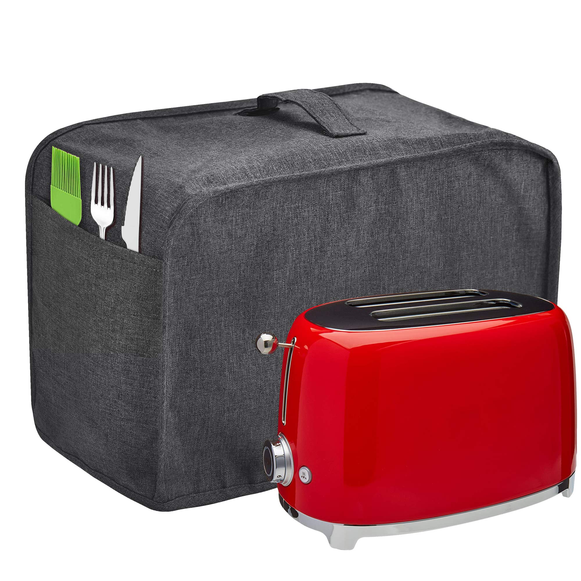 Toaster Cover with 2 Pockets,Can hold Jam Spreader Knife & Toaster Tongs, Toaster Appliance Cover with Top handle,Dust and Fingerprint Protection, Machine Washable (2 Slice, Grey)