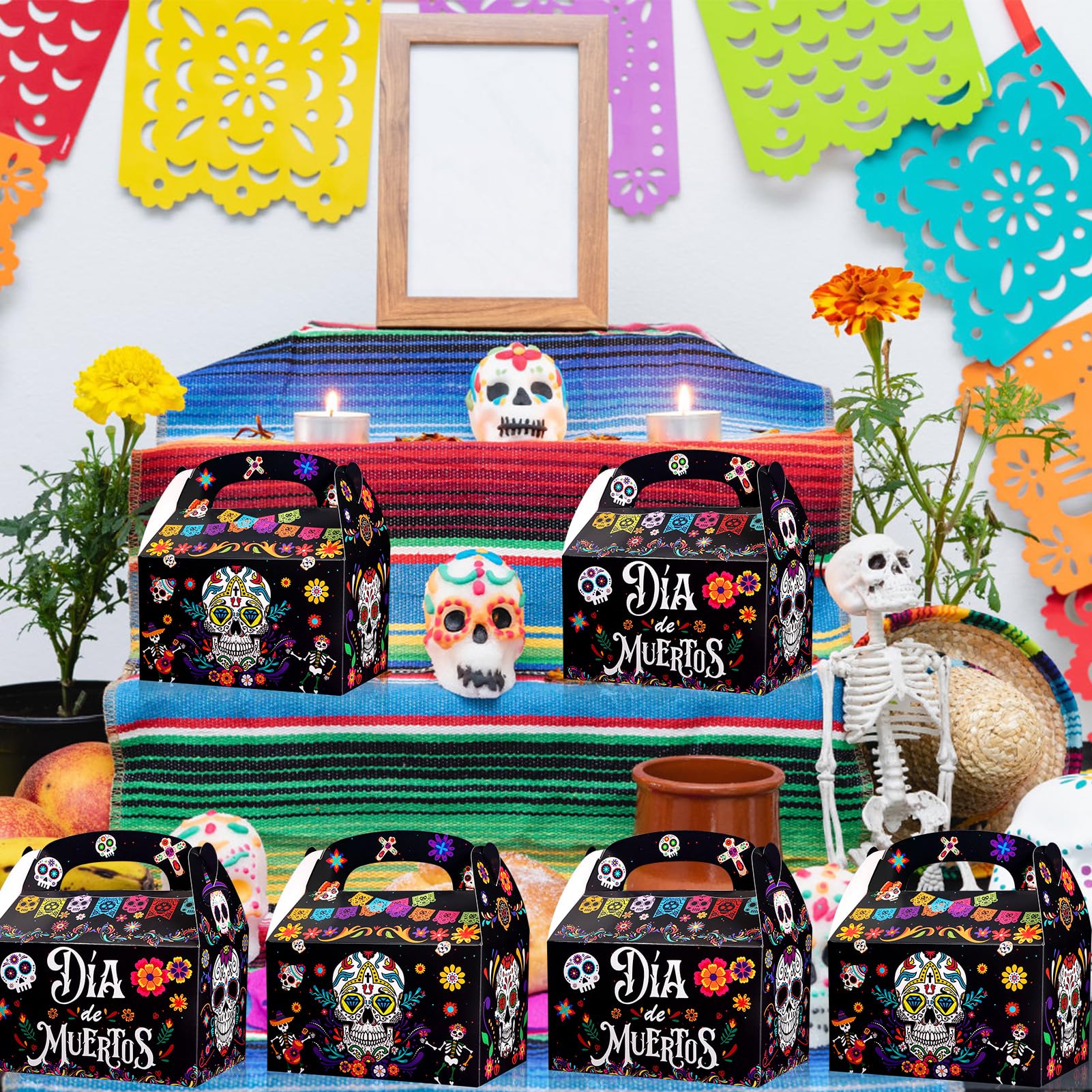 HOWAF Halloween Dia De Los Muertos Gift Boxes,12 pcs Day of The Dead Sugar Skull Treat Boxes for Dia De Los Muertos Mexican Themed Party Decoration Supplies