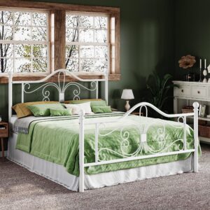 Allewie Full Size Bed Frame with Headboard,Metal Bed Frame with Butterfly Pattern Design Headboard & Footboard,No Box Spring Needed,Easy Assembly,White