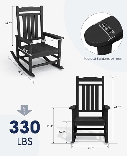 KINGYES Outdoor Rocking Chair Set of 2, High Density Polyethylene Patio Rocking Chairs with 330lbs Support for Adults, Black