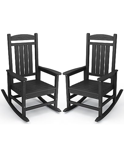 KINGYES Outdoor Rocking Chair Set of 2, High Density Polyethylene Patio Rocking Chairs with 330lbs Support for Adults, Black