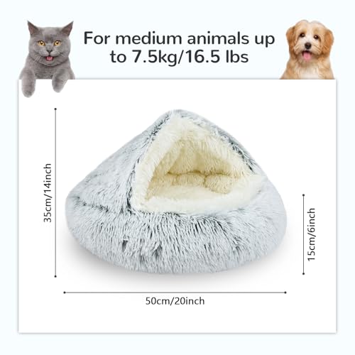 Arquiel Cat Bed Round, Hooded Cat Bed Cave Fluffy Dog Beds, Cozy Donut Anti Anxiety Dog Bed for Small Dog and Cat, Gifts for Cat Lovers(20×20inch, Grey)