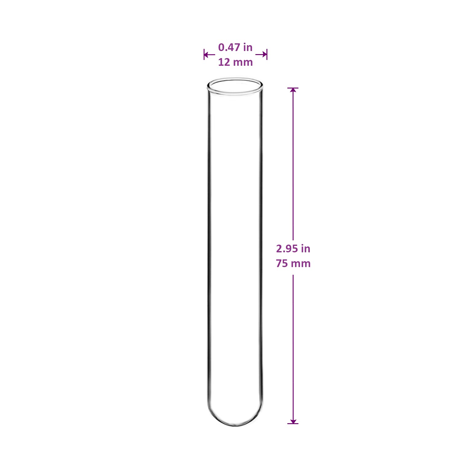 BorinGlass Glass Test Tubes, Sturdy Round Bottom Clear Test Lab Tubes (100, 12x75 mm)