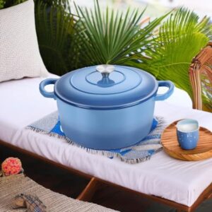 TeamFar 6QT Dutch Oven with Lid, Enameled Nonstick Cast Iron Dutch Oven Cooking Pot for Stewing Baking Braising, Various Stoves & Oven Safe, Toxic Free & Solid, Dual Handles & Easy Cleanup - Blue