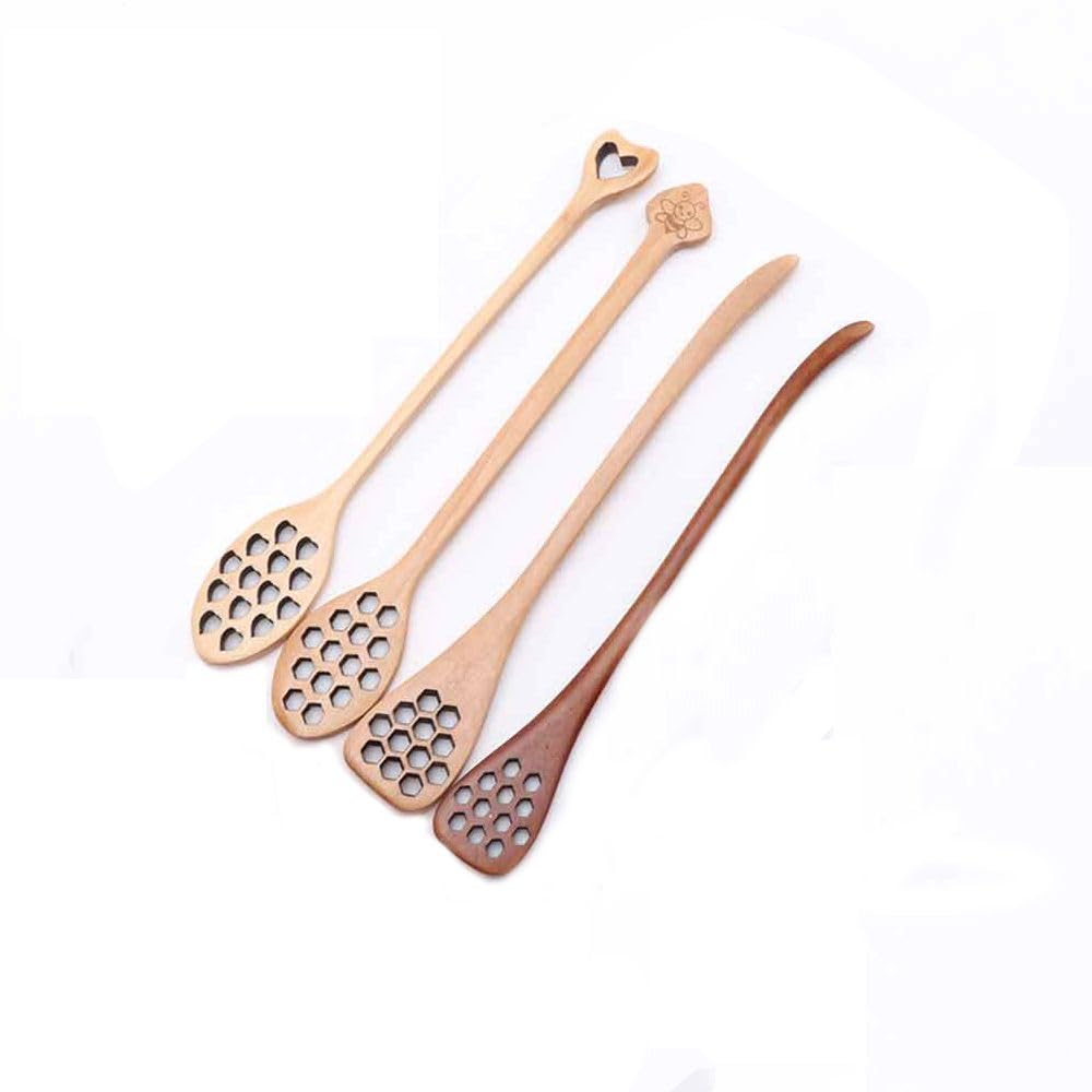 Honey Dipper 4Pcs Honeycomb Heart Pattern Honey Dippers Wooden Long Handle Honey Dipper Stirrer Server Mixing Stick Spoon Home Kitchen Supplies