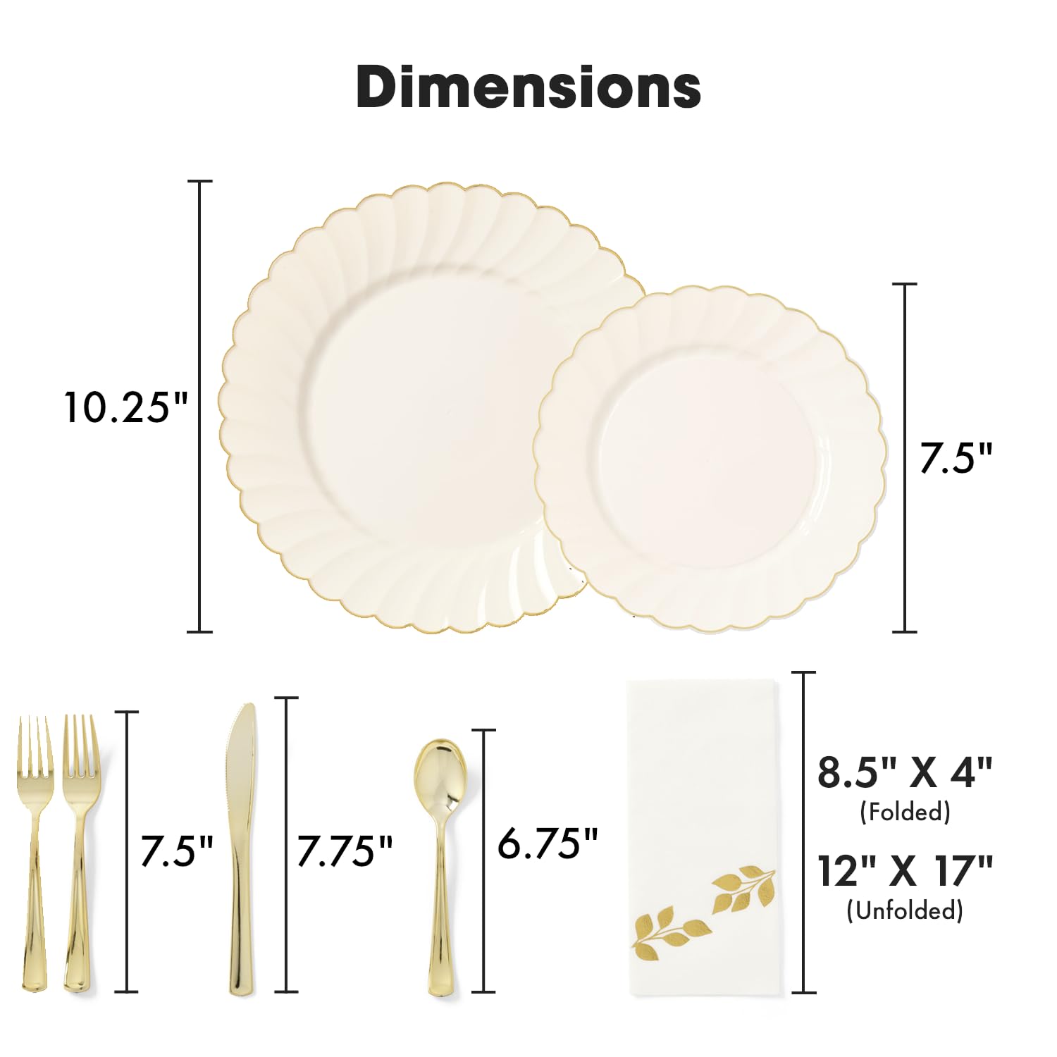 By Madee HEAVYWEIGHT 175 Pc Thanksgiving Plates and Napkins Sets | Ivory Scalloped Plates with Gold Trim | Fall Plastic Plates, Cutlery, Gold Leaf Napkins | High End Disposable Plates (25 Guests)