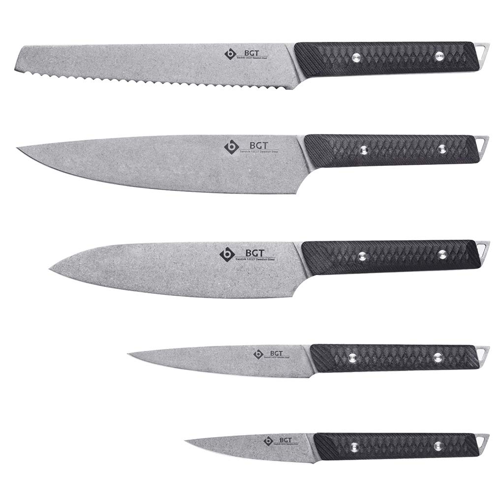 sagga Chef Knife Set Kitchen Knives 6-Piece Sandvik Kitchen Knife Set with Roll Bag, G10 Handle for Chef Knife Set, Santoku Knife,Stonewash Blade