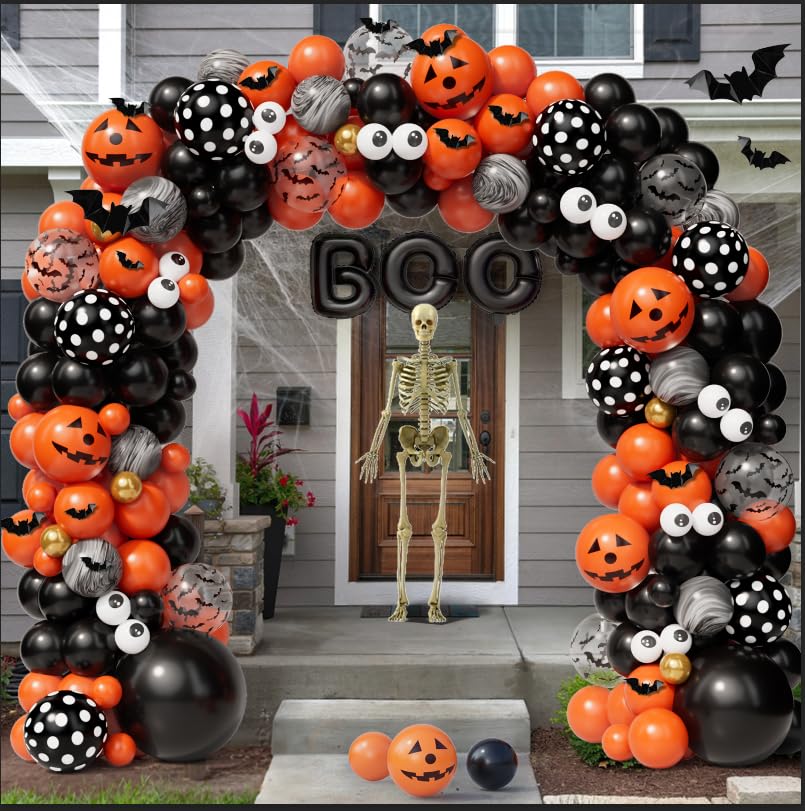 AobkDeco 141 PCS Halloween Balloons Arch kit Black Orange Gold Eyes Balloons Halloween Balloon with BOO Balloons,3D PVC Bats and Marble Agate for Halloween Theme Party Supplies Haunted House Parties