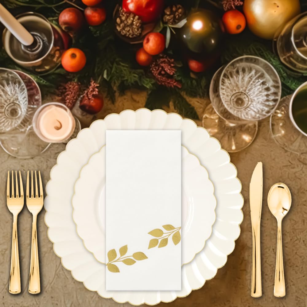 By Madee HEAVYWEIGHT 175 Pc Thanksgiving Plates and Napkins Sets | Ivory Scalloped Plates with Gold Trim | Fall Plastic Plates, Cutlery, Gold Leaf Napkins | High End Disposable Plates (25 Guests)