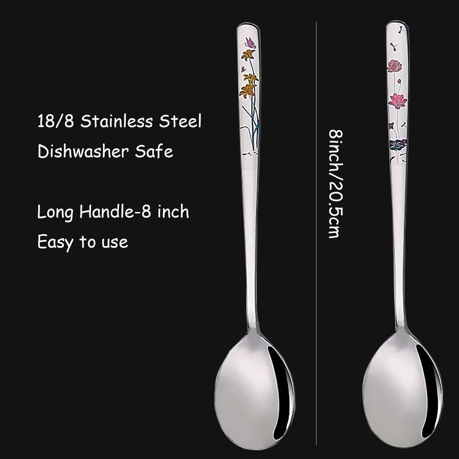 YAPULLYA Korean Soup Spoons, 18/8 Stainless Steel Long Handle 8 Inch Tablespoon, Asian Metal Dinner Spoons, Set of 4 (flowers)