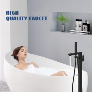 FAHKNS Matte Black Freestanding Bathtub Faucet Bathtub Filler Floor Standing Bathtub Faucet Single Handle Brass Faucet High Flow Shower Faucet with Hand Shower, Rust-proof Surface