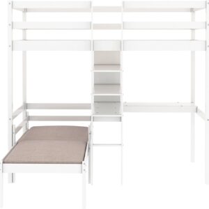 MERITLINE Twin Loft Bed with Desk,Wooden Twin Bunk Bed with Desk and Bookshelf,Convertible Loft Bed for Kids Girls Boys Teens Bedroom, No Box Spring Needed, White