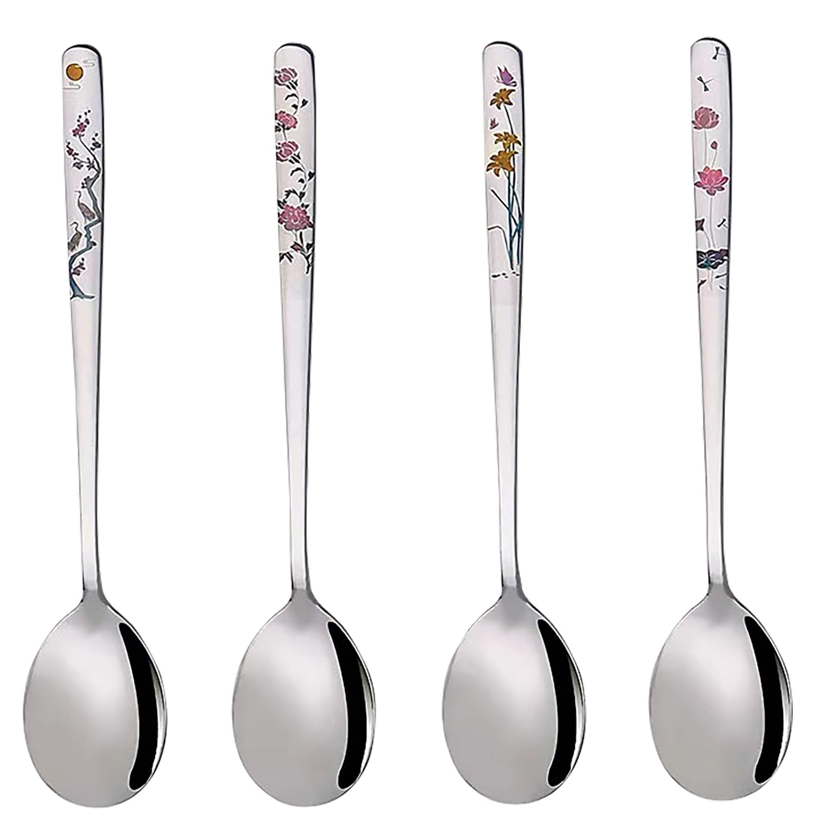 YAPULLYA Korean Soup Spoons, 18/8 Stainless Steel Long Handle 8 Inch Tablespoon, Asian Metal Dinner Spoons, Set of 4 (flowers)