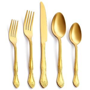 30-piece gold silverware set, fullyware stainless steel satin finish flatware cutlery set include forks, spoons and knives, rose pattern design, service for 6