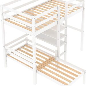 MERITLINE Twin Loft Bed with Desk,Wooden Twin Bunk Bed with Desk and Bookshelf,Convertible Loft Bed for Kids Girls Boys Teens Bedroom, No Box Spring Needed, White