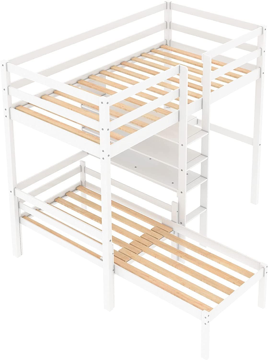 MERITLINE Twin Loft Bed with Desk,Wooden Twin Bunk Bed with Desk and Bookshelf,Convertible Loft Bed for Kids Girls Boys Teens Bedroom, No Box Spring Needed, White