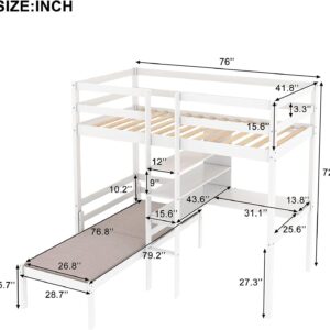 MERITLINE Twin Loft Bed with Desk,Wooden Twin Bunk Bed with Desk and Bookshelf,Convertible Loft Bed for Kids Girls Boys Teens Bedroom, No Box Spring Needed, White