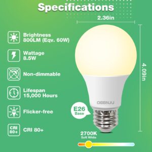 DEGNJU A19 LED Light Bulbs, 60 Watt Equivalent LED Bulbs, Soft White 2700K, 800 Lumens, E26 Standard Base, Non-Dimmable, 8.5W Warm White LED Bulbs for Bedroom Living Room, 12 Pack