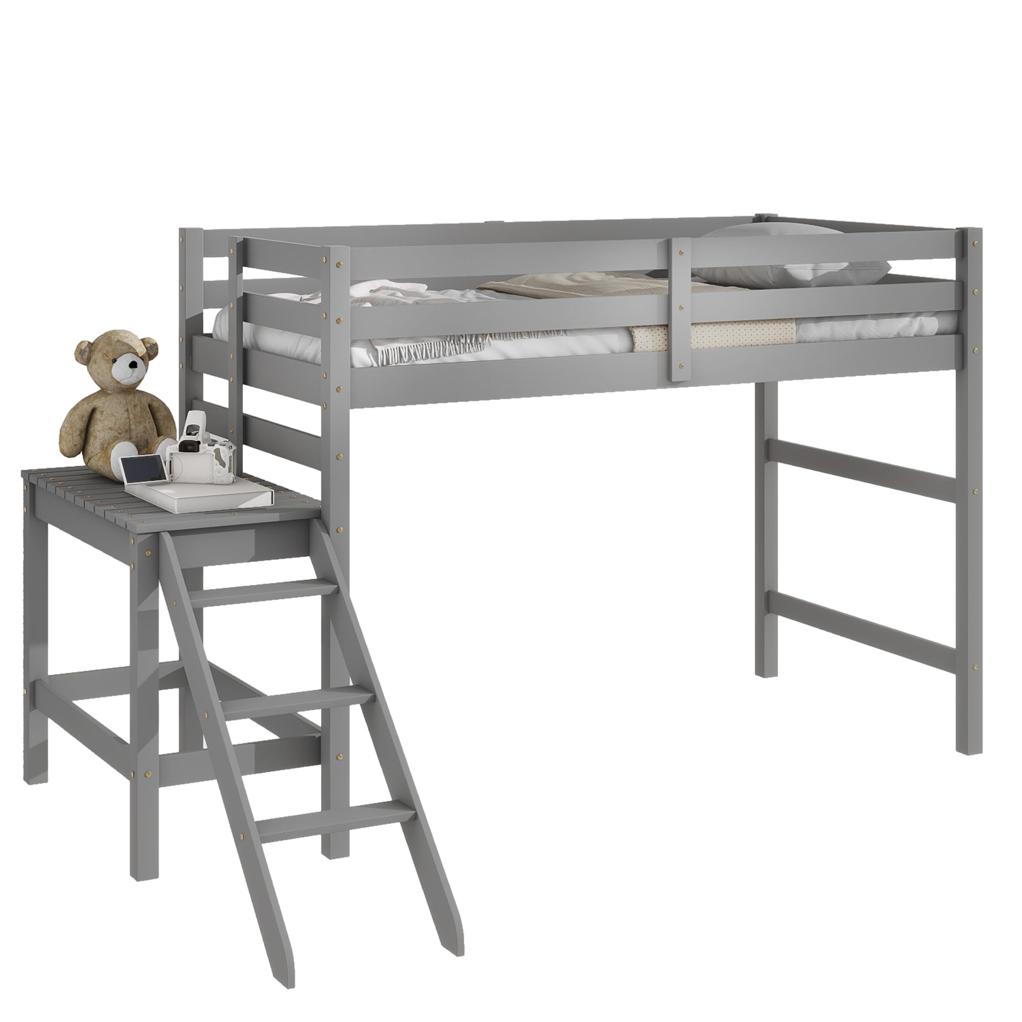 CITYLIGHT Twin Loft Bed with Platform and Ladder, Wood Low Loft Bed for Kids, Junior Loft Bed Twin with Spacious Underneath Space for Children Girls Boys Bedroom,No Box Spring Needed, Grey