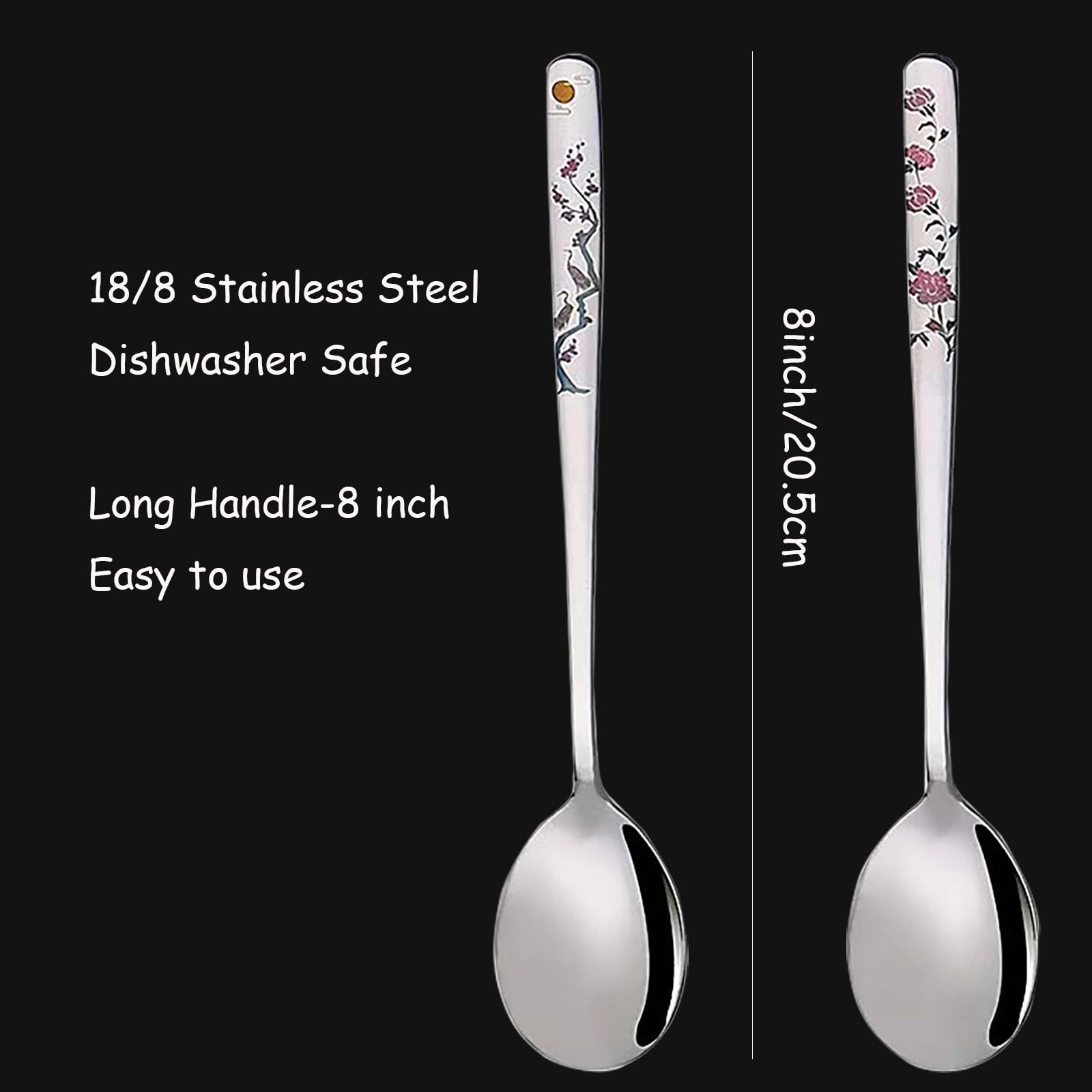 YAPULLYA Korean Soup Spoons, 18/8 Stainless Steel Long Handle 8 Inch Tablespoon, Asian Metal Dinner Spoons, Set of 4 (flowers)