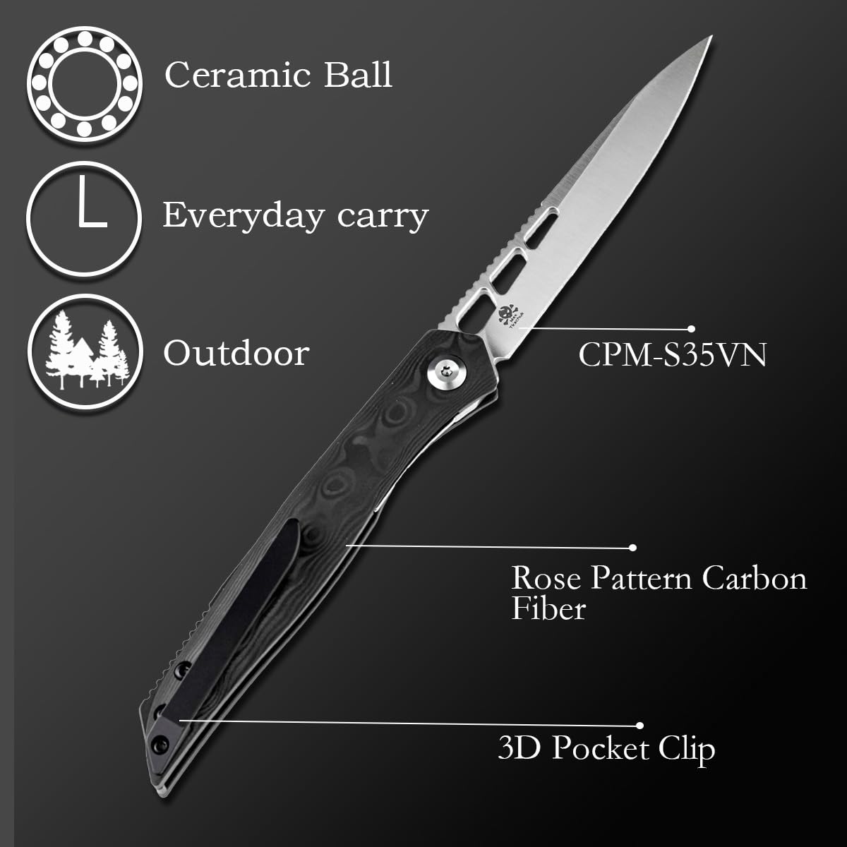 KANSEPT Knives lucky Star Pocket Knife, Lightweight Flipper Folding Knife with 3.54” CPM-S35VN Blade, Carbon Fiber for Hiking Camping Hunting and Everyday Carry K1013A3