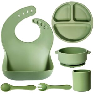 6pcs baby weaning supplies, silicone baby feeding set, suction cup divider with suction cup adjustable bib soft spoon fork, baby self-feeder toddler dinnerware cutlery 6pack (green)