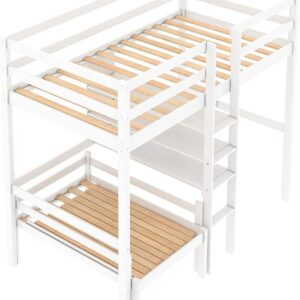 MERITLINE Twin Loft Bed with Desk,Wooden Twin Bunk Bed with Desk and Bookshelf,Convertible Loft Bed for Kids Girls Boys Teens Bedroom, No Box Spring Needed, White