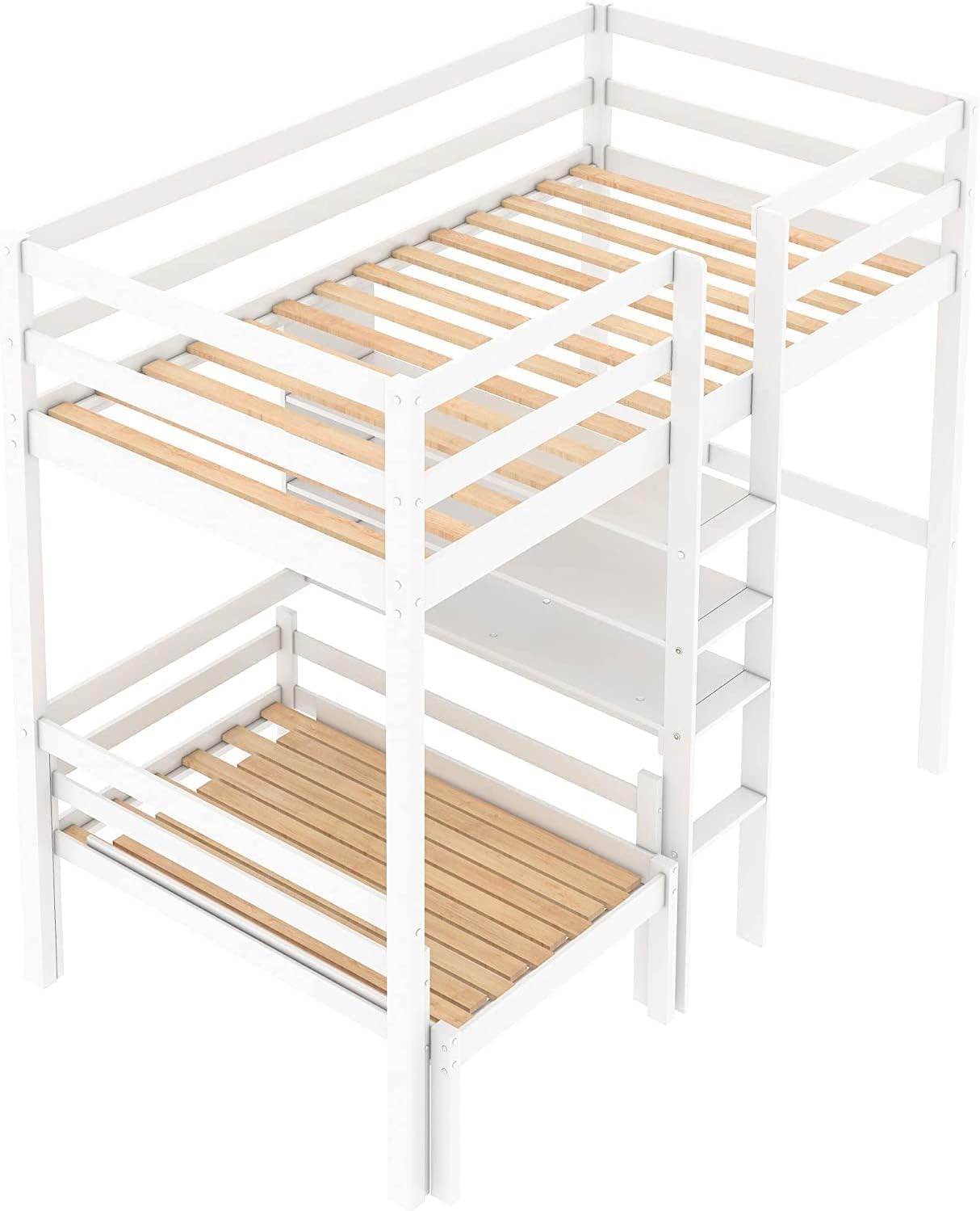 MERITLINE Twin Loft Bed with Desk,Wooden Twin Bunk Bed with Desk and Bookshelf,Convertible Loft Bed for Kids Girls Boys Teens Bedroom, No Box Spring Needed, White