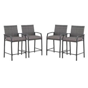 oc orange-casual outdoor bar stool set of 4, all-weather wicker high top patio dining chair, 4 counter height rattan barstools with high back & armrest, for porch, garden, pub, grey cushion