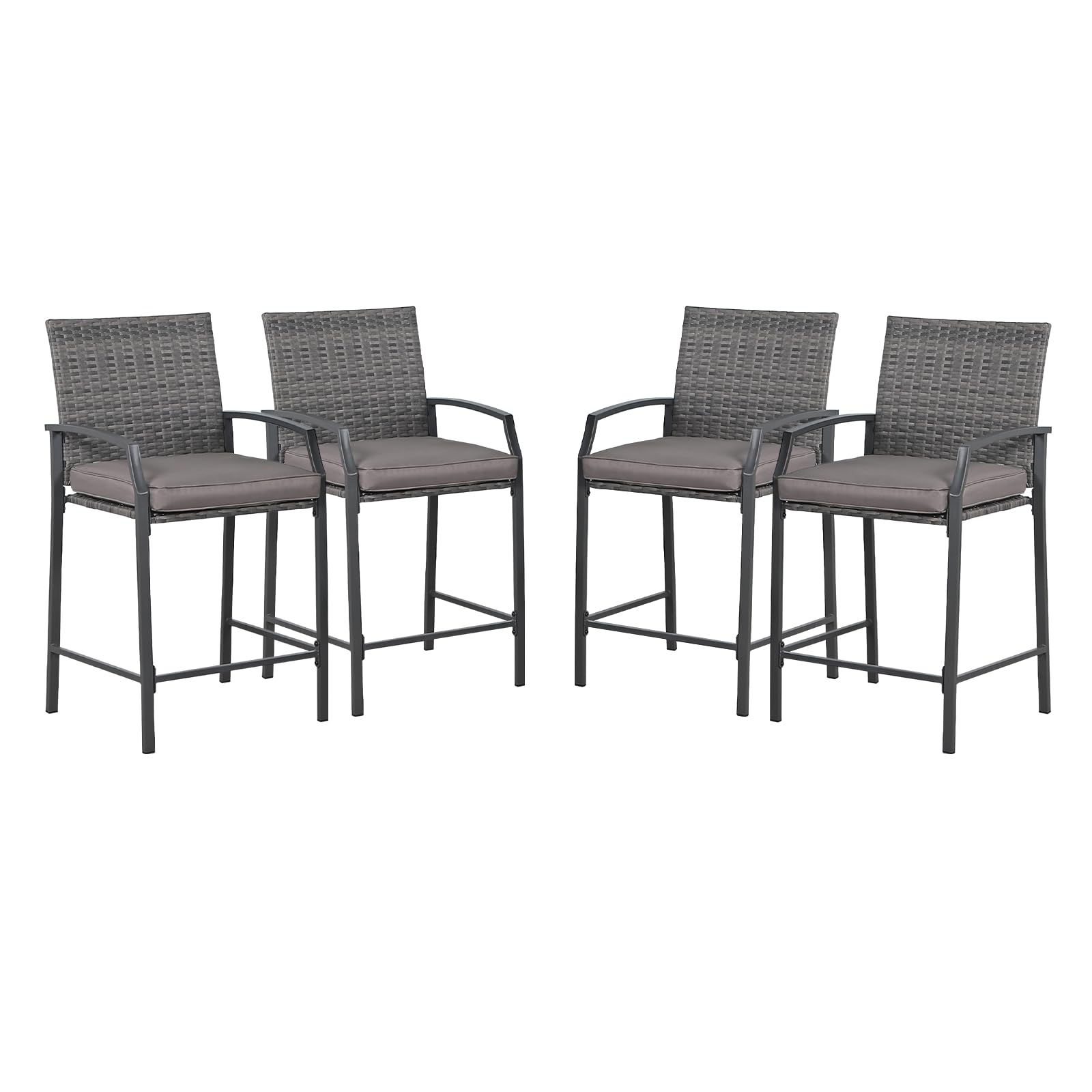 OC Orange-Casual Outdoor Bar Stool Set of 4, All-Weather Wicker High Top Patio Dining Chair, 4 Counter Height Rattan Barstools with High Back & Armrest, for Porch, Garden, Pub, Grey Cushion