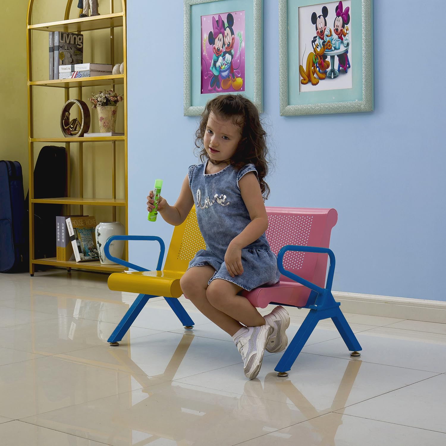 Walmokid Children Kids Chairs 2 Seat & 3 Colors Chairs with Steel Frame for Toddlers Kindergarten Home Indoor Use（Pink&Yellow&Blue）…