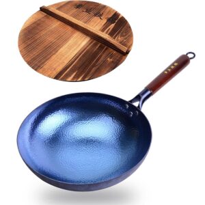 tkradish 14 inch chinese hand hammered iron wok and stir fry pans with wooden handle and lid round bottom wok pan non-stick no coating ideal for home use and gift giving