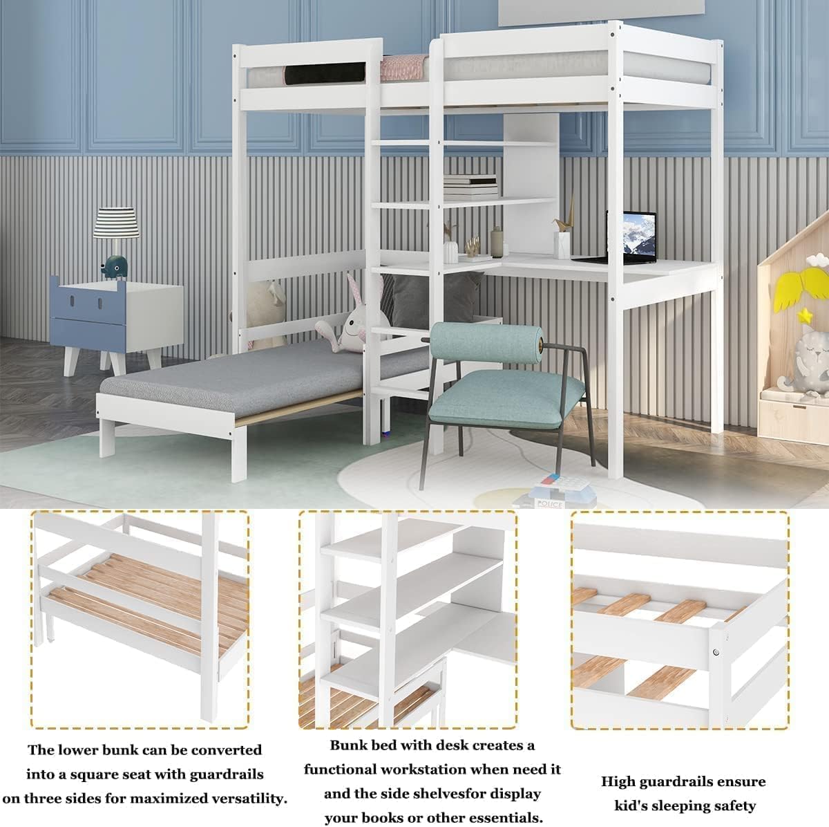 MERITLINE Twin Loft Bed with Desk,Wooden Twin Bunk Bed with Desk and Bookshelf,Convertible Loft Bed for Kids Girls Boys Teens Bedroom, No Box Spring Needed, White