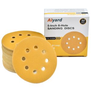 aiyard 5-inch 8-hole hook and loop sanding discs 220-grit random orbit sandpaper, 50-pack