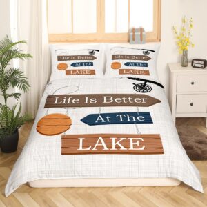 Castle Fairy Lake Themed Bedding Set King Size for Woman Men,Life is Better at The Lake Comforter Cover with 2 Pillowcases,Lake Fishing Country Wooden Board Duvet Cover Set Microfiber Quilt Cover