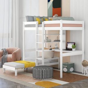 MERITLINE Twin Loft Bed with Desk,Wooden Twin Bunk Bed with Desk and Bookshelf,Convertible Loft Bed for Kids Girls Boys Teens Bedroom, No Box Spring Needed, White