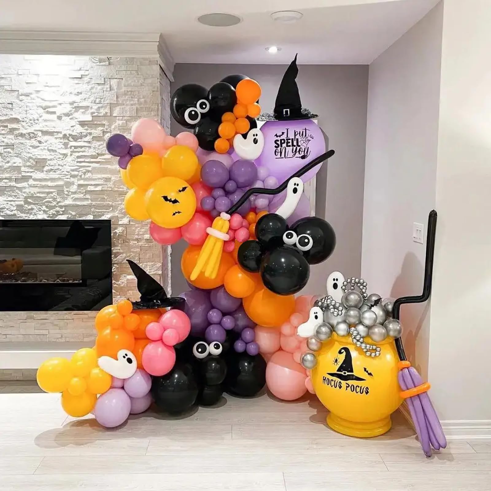 AobkDeco 141 PCS Halloween Balloons Arch kit Black Orange Gold Eyes Balloons Halloween Balloon with BOO Balloons,3D PVC Bats and Marble Agate for Halloween Theme Party Supplies Haunted House Parties