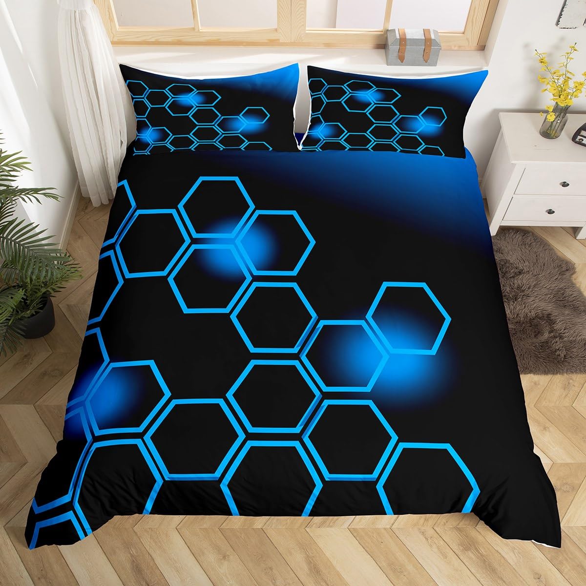 Feelyou Blue and Black Bedding Duvet Cover Set Queen Size Honeycomb Bedding Set for Kids Boys Girls Decor Geometrical Comforter Cover Set Beehive Pattern Blue Bedspread Cover Bedroom Bedclothes