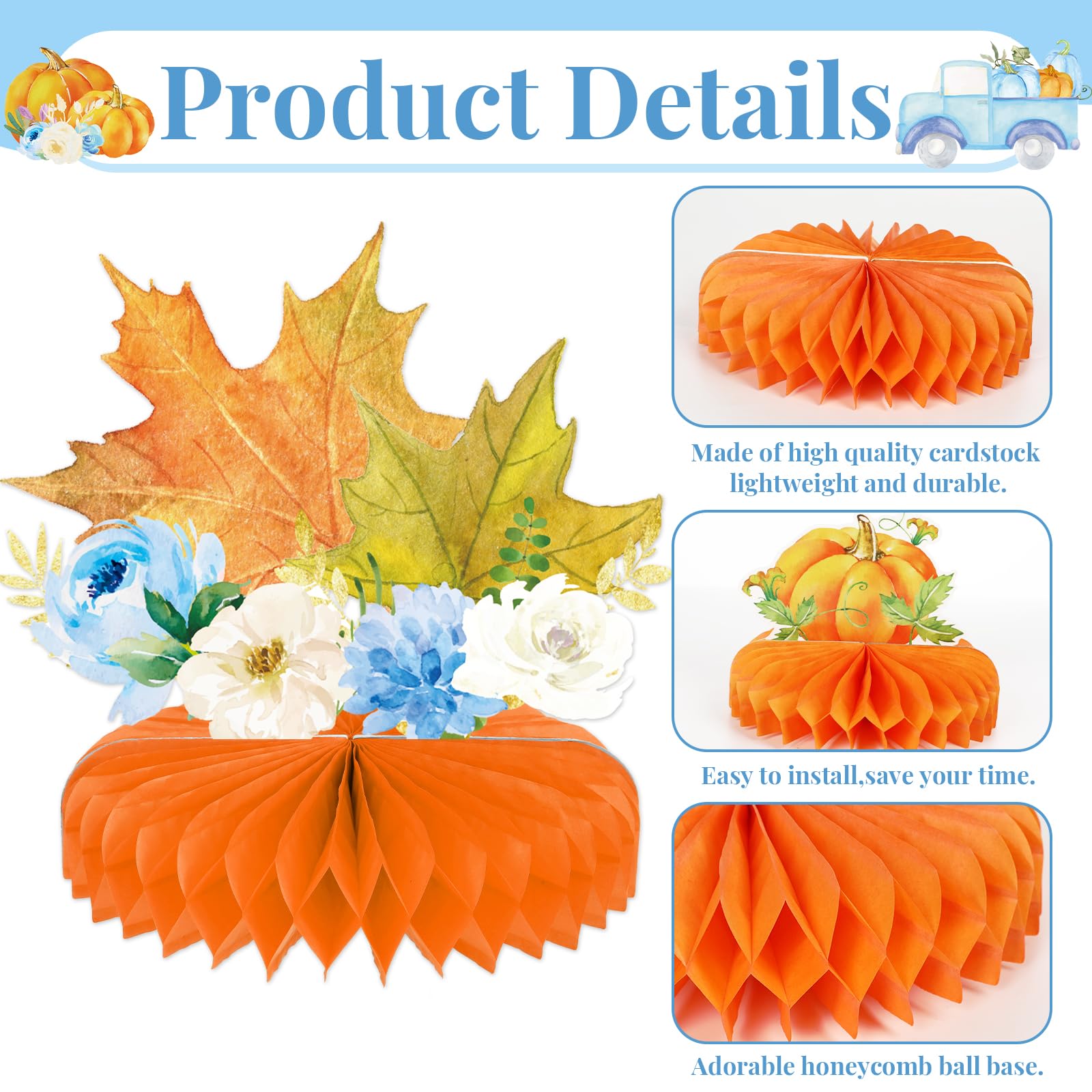 12PCS Little Pumpkin Baby Shower Decorations Fall Pumpkin Honeycomb Centerpieces A Little Pumpkin is On The Way Boy Blue Table Toppers for Gender Reveal Autumn Harvest Thanksgiving Decor Supplies