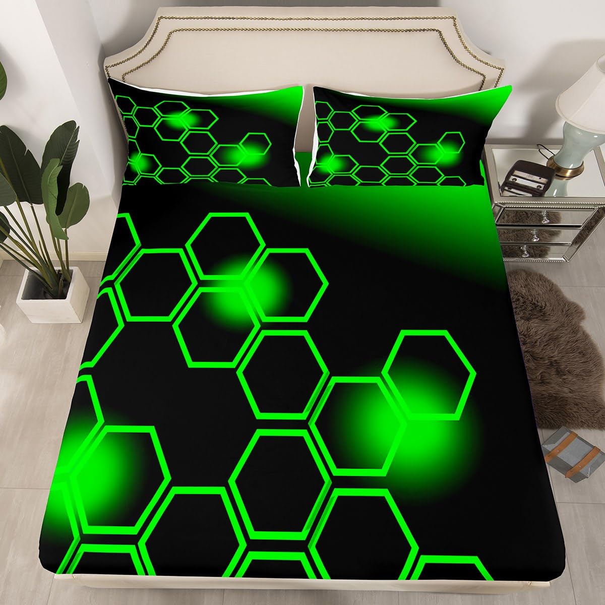 Green and Black Bed Sheets Set Twin Size Honeycomb Sheet Set for Kids Boys Girls Decor Geometrical Sheets with Deep Pocket Fitted Sheet Beehive Geometric Pattern Green Bedding Set Bedroom