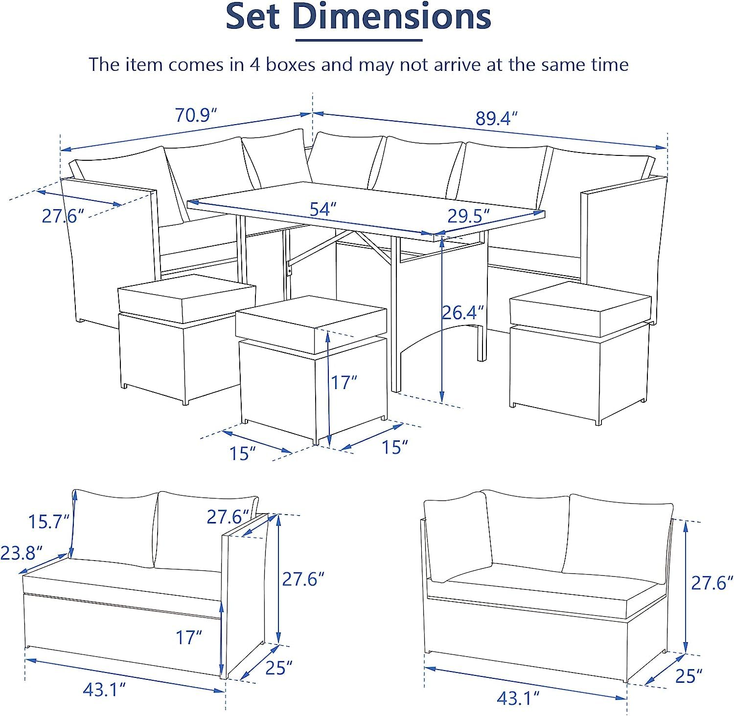 AECOJOY Patio Furniture Set, 7 Pieces Outdoor Patio Furniture with Dining Table&Chair, All Weather Wicker Conversation Set with Ottoman and Patio Set Cover, Blue