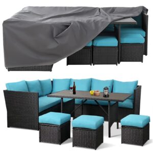 aecojoy patio furniture set, 7 pieces outdoor patio furniture with dining table&chair, all weather wicker conversation set with ottoman and patio set cover, blue