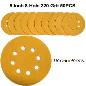 Aiyard 5-Inch 8-Hole Hook and Loop Sanding Discs 220-Grit Random Orbit Sandpaper, 50-Pack