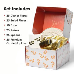 By Madee HEAVYWEIGHT 175 Pc Thanksgiving Plates and Napkins Sets | Ivory Scalloped Plates with Gold Trim | Fall Plastic Plates, Cutlery, Gold Leaf Napkins | High End Disposable Plates (25 Guests)