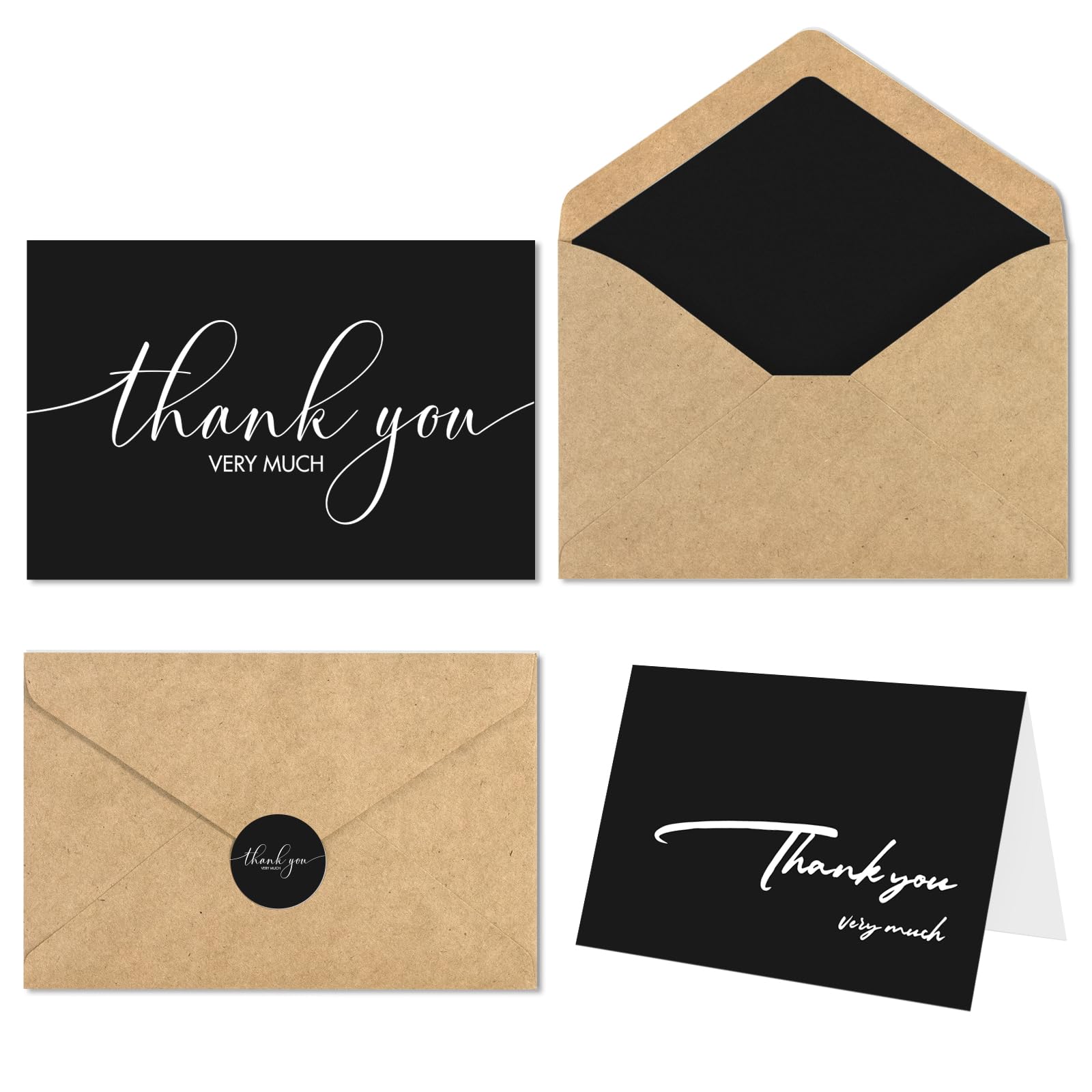 AZAZA 48 Pack Thank You Cards with kraft Envelopes and Stickers,4x6 inch Black cards,Blank Thank You Cards for Small Business,Baby Shower,Wedding,Bridal Shower,Graduation,Funeral,Black