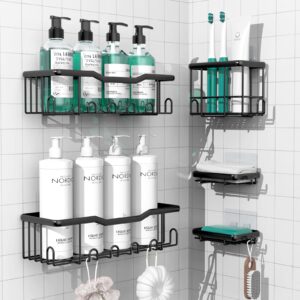 rm fold shower caddy, 5 pack adhesive shower organzier, no drilling shower shlves, rustproof stainless steel bathroom shower organzier for bathroom, kitchen and dorm organization and storage, black