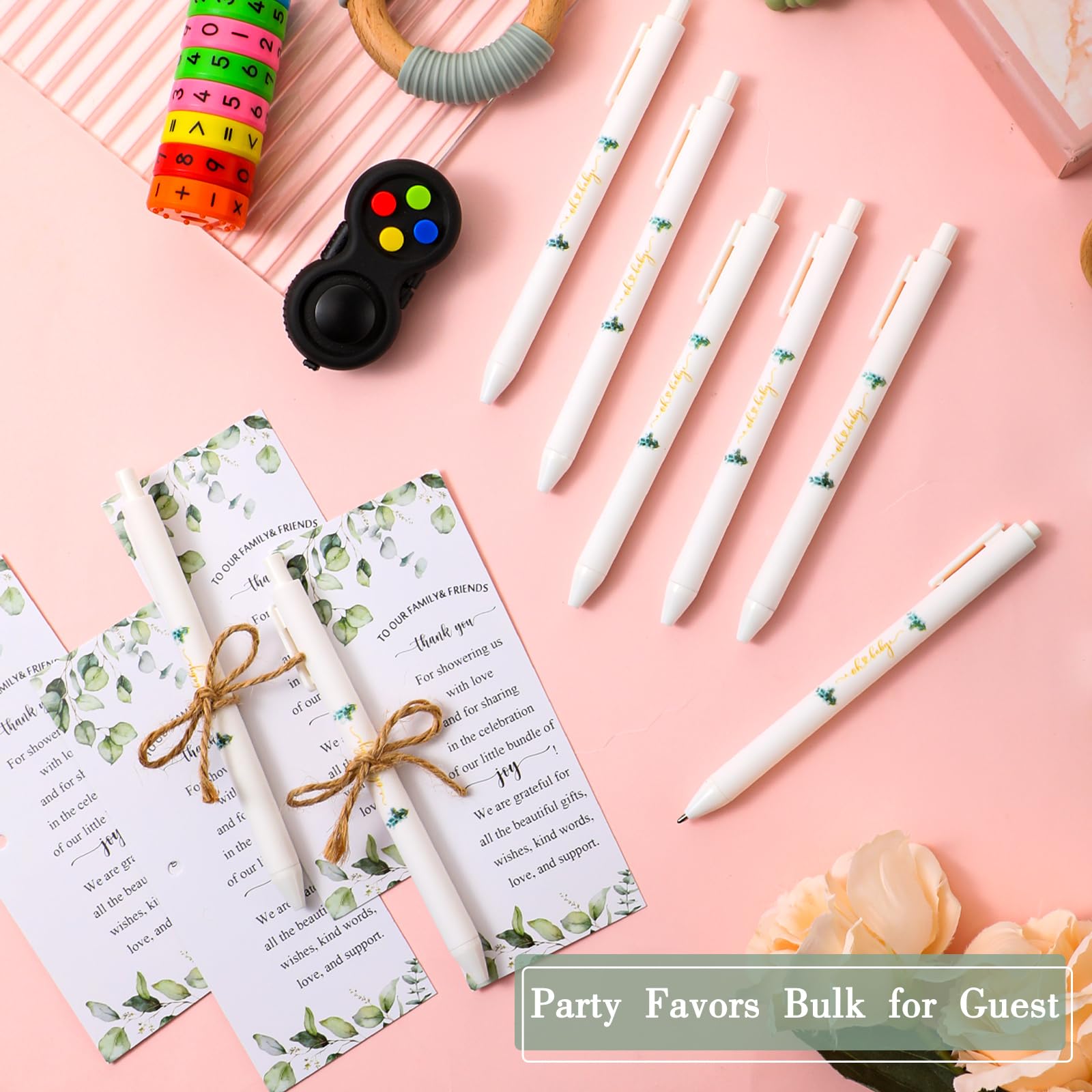 Tenceur 50 Set Baby Shower Pens Greenery Baby Shower Favor for Guest Sage Ballpoint Pens with Woodland Thank You Cards Gender Reveal Party Favor for Girl Boy Baby Shower Party Souvenirs Prizes